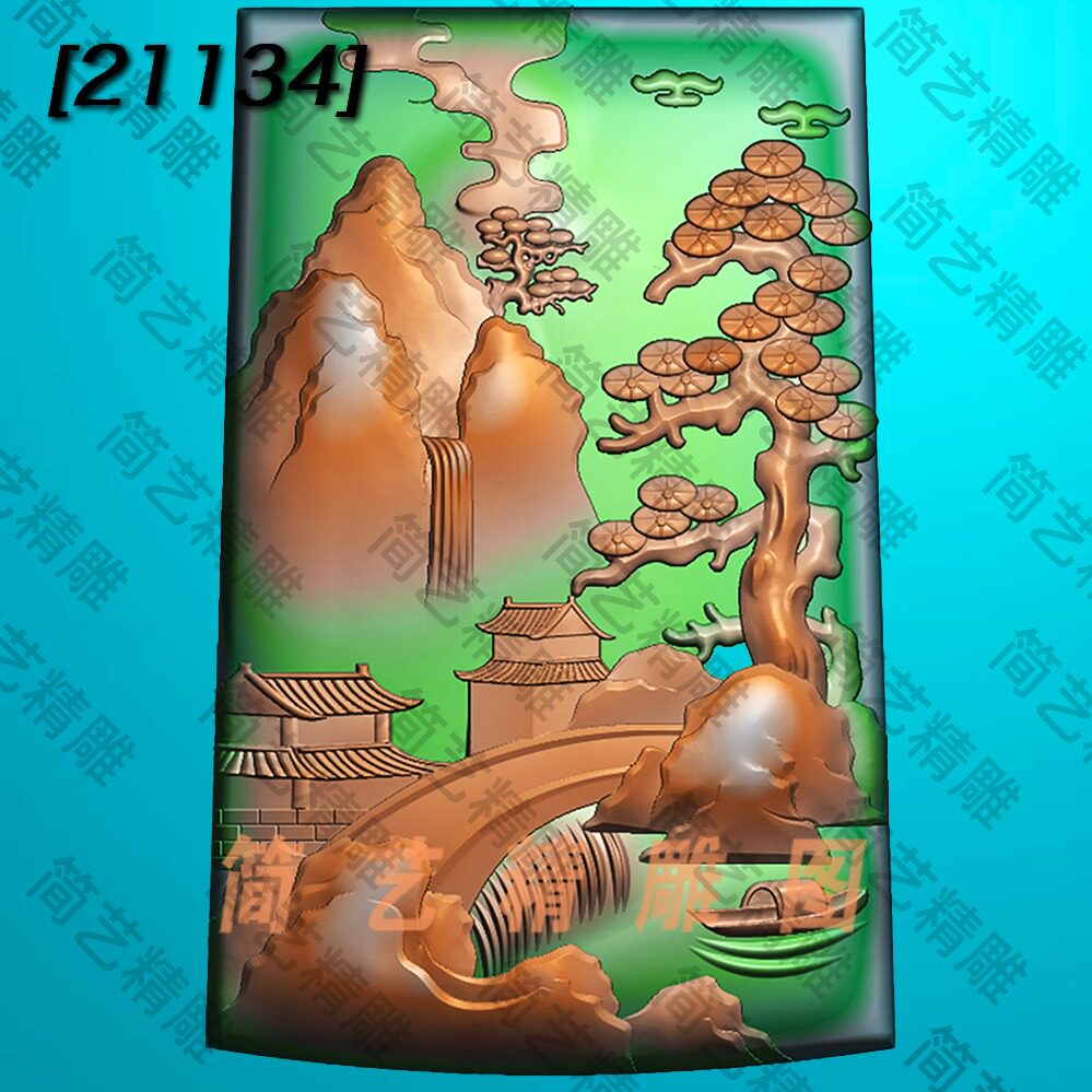 精雕图jdp玉雕图方形长型山水人物浮雕图灰度图bmp