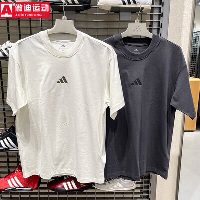 阿迪达斯男2026夏纯棉字母印花休闲运动圆领短袖T恤KB4874 KB4875