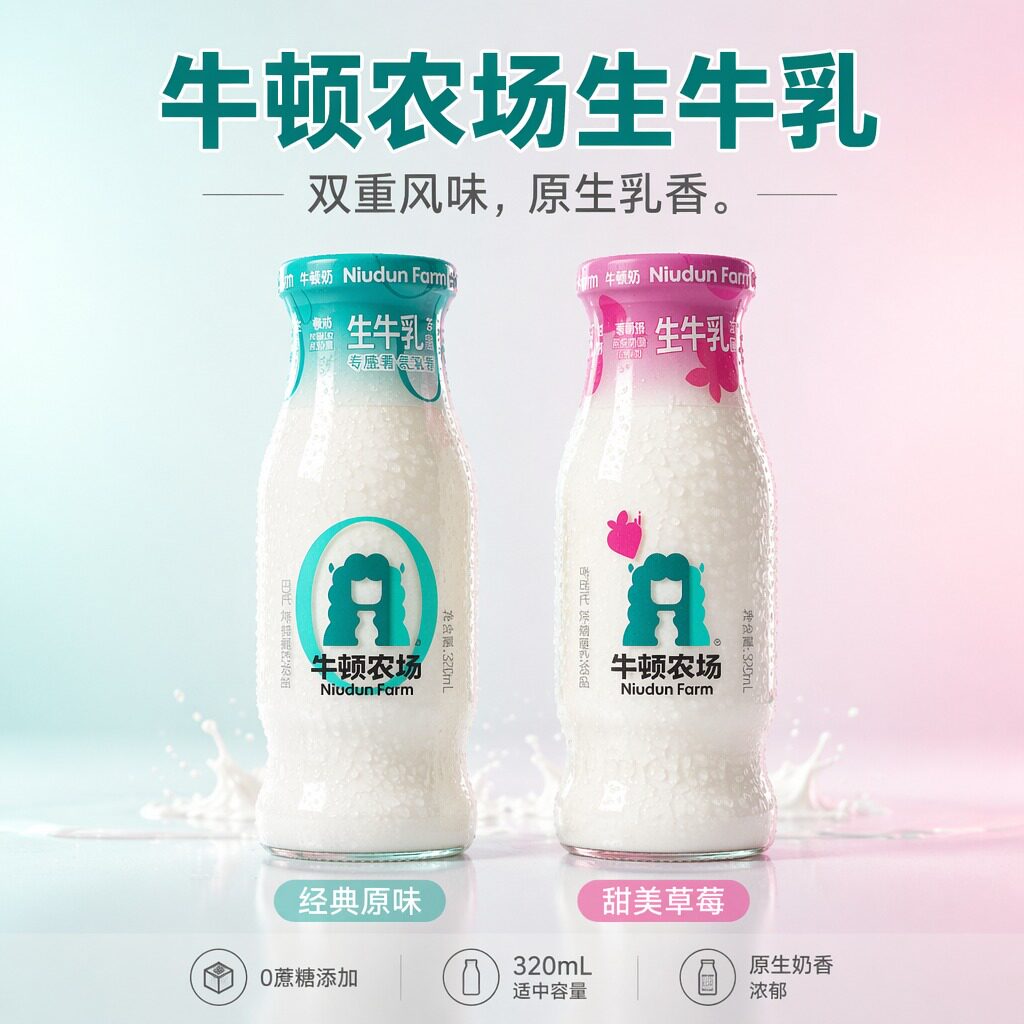 牛顿农场生牛乳发酵饮品320mL玻璃瓶装原生乳香双重风味含乳饮料