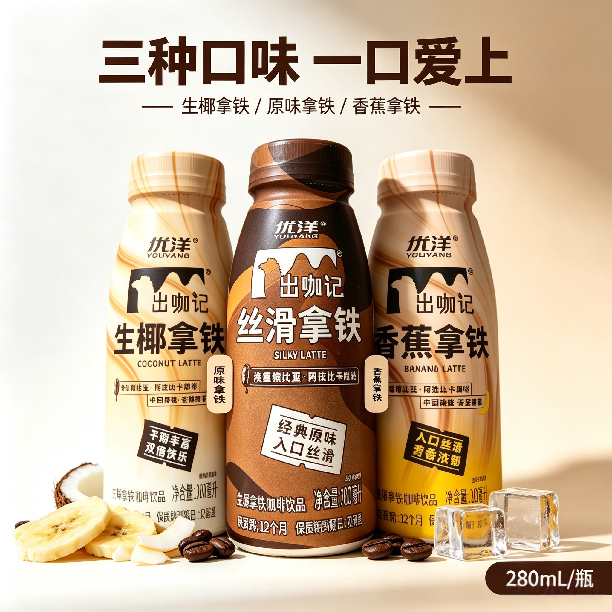 优洋出咖记原味生椰香蕉拿铁咖啡280ml三口味即饮咖啡入口丝滑
