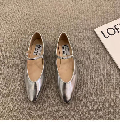 银色低跟0单鞋女224春夏款韩版复古尖头小皮鞋子法式31836玛丽新