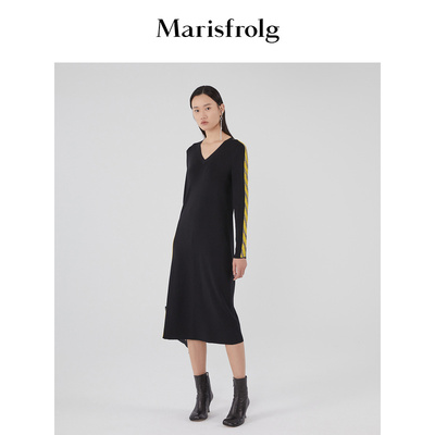 【经典搭配系列】玛丝菲尔秋季黑色V领撞色拼条连衣裙