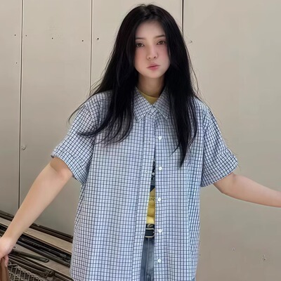少年感蓝色格子衬衫女款百搭慵懒