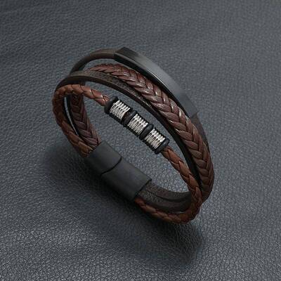 Fashion Black Leather Bracelet For Men Charm Magnetic Braide