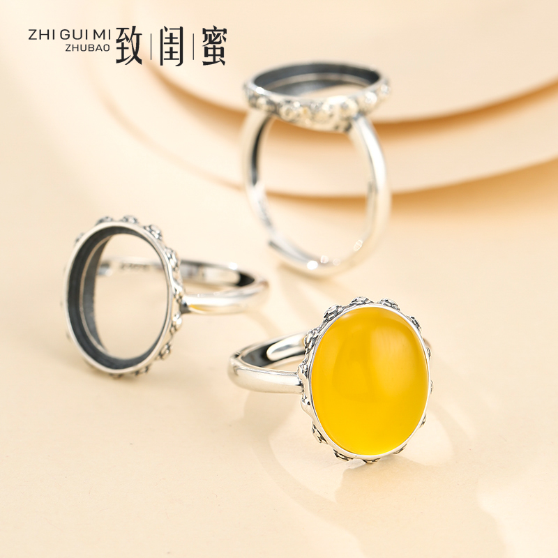 S925纯银男女士戒指空托diy戒托空托蜜蜡琥珀绿松石银托戒托12*15_虎窝淘