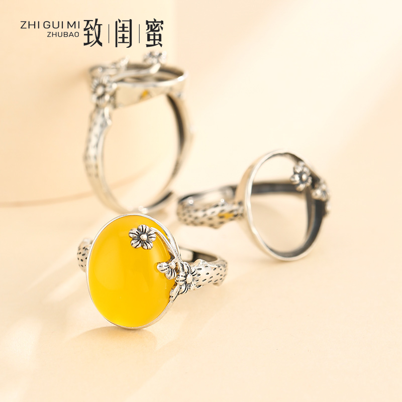 S925纯银男女戒指空托复古梅花diy戒托空托绿松石银托戒指托12*15_虎窝淘