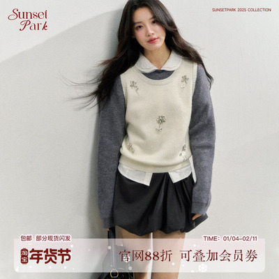 SunsetPark日落公园 设计感灰白撞色假两件钉砖针织上衣内搭秋冬