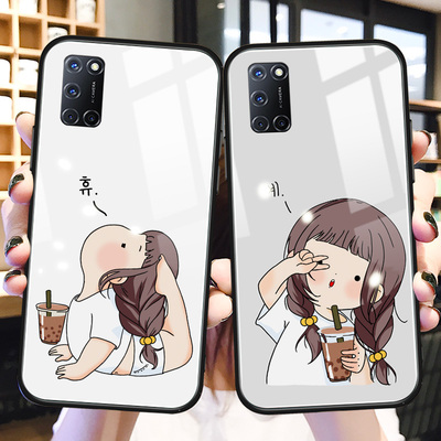 奶茶少女oppoa52手机壳适用a92s可爱ins风a83/a1闺蜜新款a77/a79/a73卡通玻璃a59s防摔全包a37/a39保护套a57