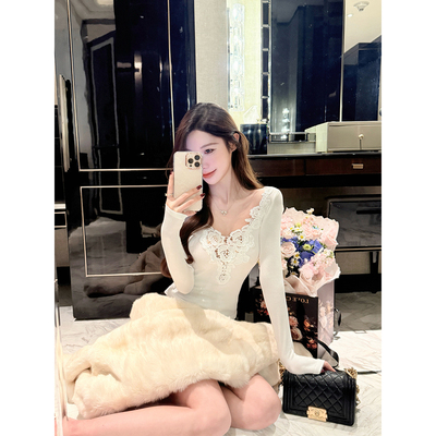 JustQin【悸动的心】2025秋冬新款性感打底衫花边针织毛衣女上衣