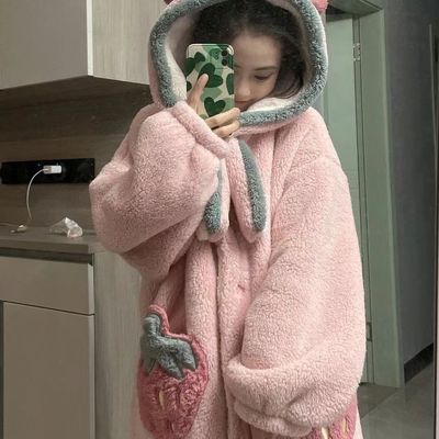 新款水果草莓睡衣女秋冬天睡袍加绒加厚珊瑚绒可外穿家居服女睡裙