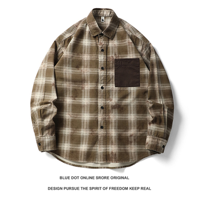 日系复古春秋季青年莱赛尔天丝撞色口袋格子衬衫男休闲长袖衬衣