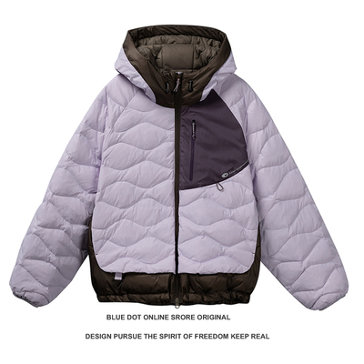 日系潮牌冬季波浪拼色羽绒服男女连帽休闲高级感宽松连帽轻薄外套