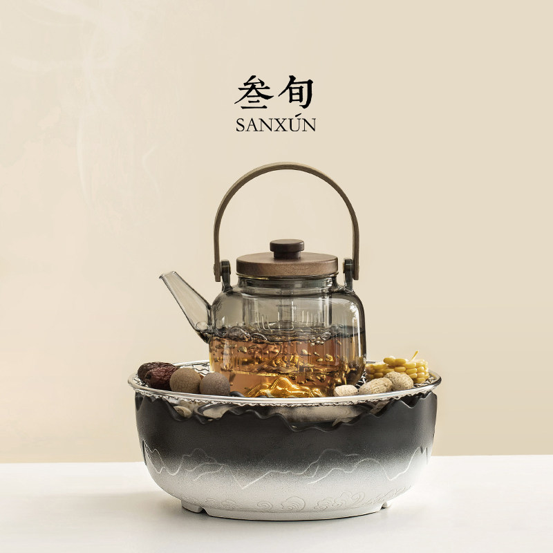叁旬山海观围炉煮茶壶煮茶器烧水泡茶壶黑晶炉煮茶炉套装高档礼盒