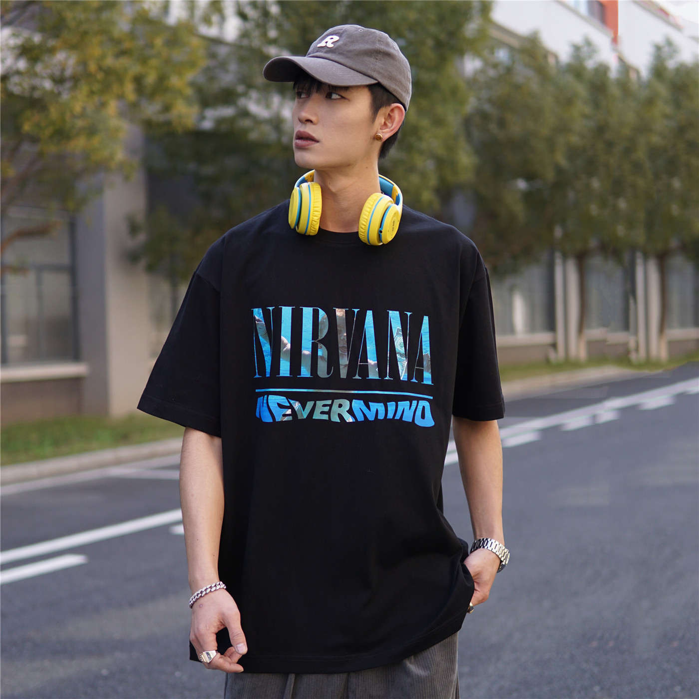 Nirvana Nevermind t恤涅盘乐队小孩图案摇滚美式复古宽松款短袖_虎窝淘