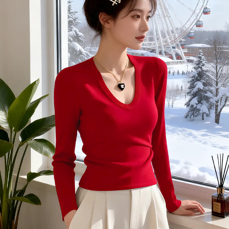 新年红色毛衣女秋冬长袖针织衫女修身内搭羊毛打底衫气质U领上衣