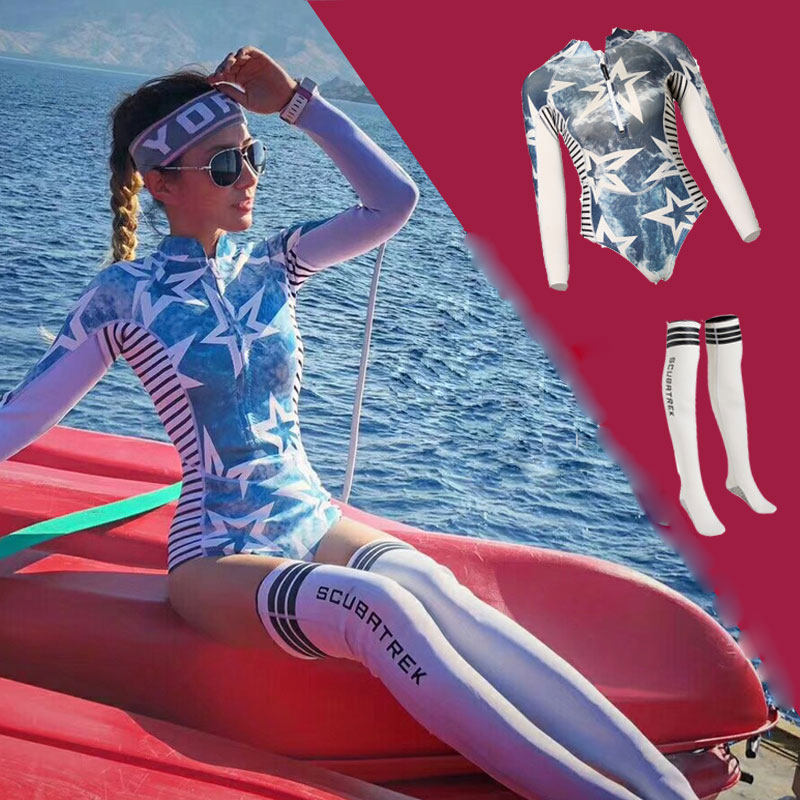 显瘦潜水服长筒袜浮潜泳衣女连体比基尼水母衣长袖保暖湿氯丁橡胶