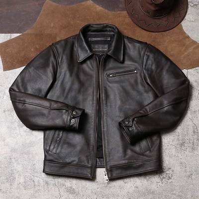 1930复古做旧翻领皮夹克柔软无涂磨面牛皮机车皮衣男女款真皮外套
