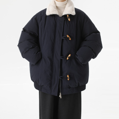 复述休闲风翻领立领宽松保暖毛领文艺感木扣厚款鸭绒藏青羽绒服