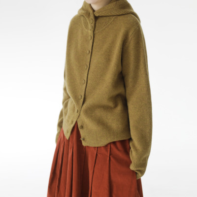 复述羊驼羊毛混纺 复古风柔软质感加高领口连帽包扣毛线帽衫毛衣