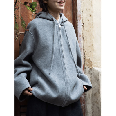 复述羊毛混纺休闲感短呢大衣 秋冬浅灰带帽拉链毛呢卫衣外套