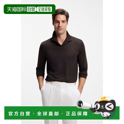 自营欧洲直邮HUGO BOSS雨果 男士深棕色羊毛混纺Johnny领长袖Polo