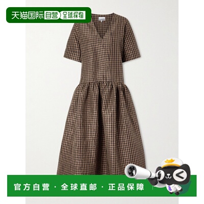香港直邮1h可退 GANNI 甘尼 女士 recycled-taffeta 褶皱方格棉布