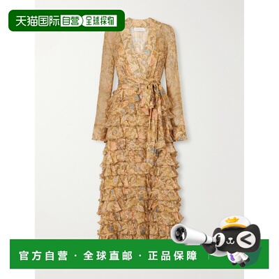 1h可退 ZIMMERMANN 女士 Valiant 荷叶边印花真丝雪纺长款连衣裙