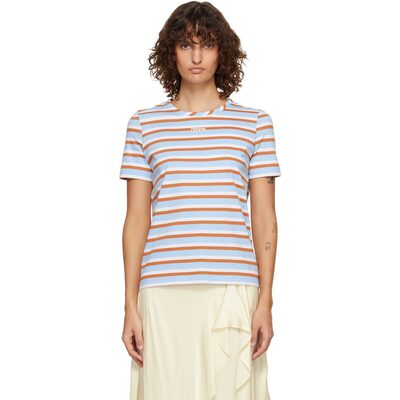 1h可退 香港直邮Marni 玛尼 女士 蓝色 & 棕色 Striped Cotton T
