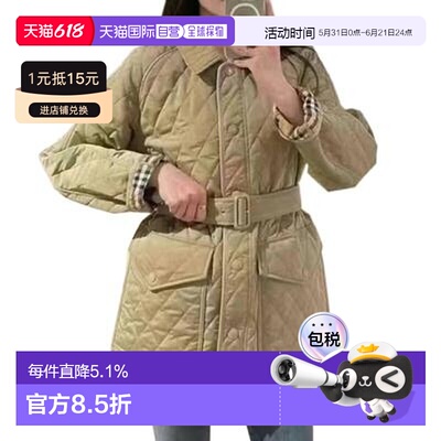 自营欧洲直邮BURBERRY博柏利新款女士驼色简约翻领束腰夹克外套正