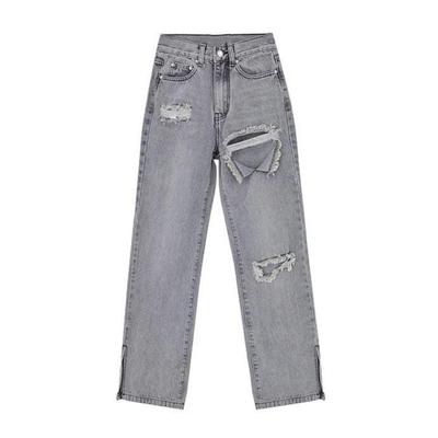 women ripped Jeans High waist straight denim pants开叉牛仔裤
