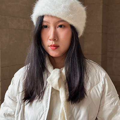 兔毛白色药盒帽造型帽贝雷帽堆堆帽复古高级氛围感秋冬女士礼帽