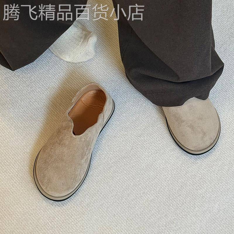 潮牌肯鞋男2026新款包头拖鞋一脚蹬乐福鞋翻毛皮鞋薄底赤足鞋