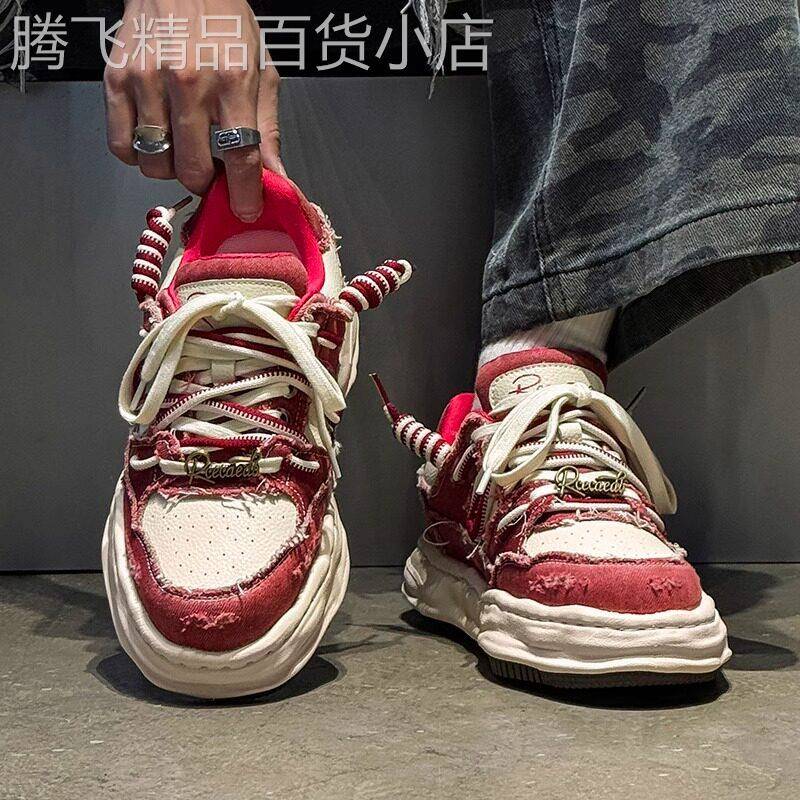 美式复古风红色男鞋秋季百搭做旧水洗牛仔低帮帆布鞋厚底休闲板鞋