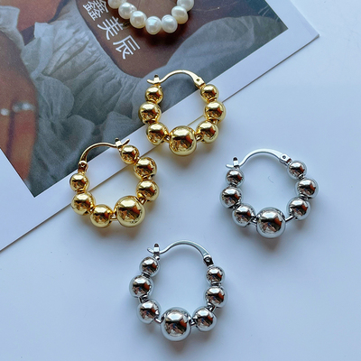 黄铜镀真金法式圆球串珠耳环