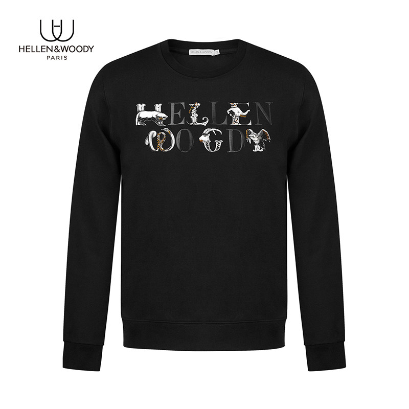 HELLEN&WOODY男装秋季新款简约时尚修身动物刺绣套头长袖印花卫衣