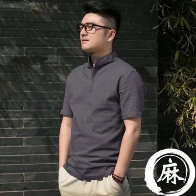 潮牌短袖亚麻男士立领休闲天丝