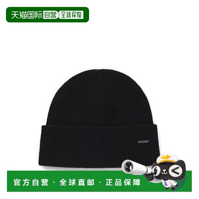 自营bossLogo-plaque beanie hat in cashmere - black 美国奥莱
