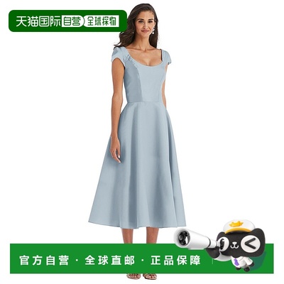 alfred sung泡泡袖全裙缎面中长连衣裙 - 雾色 【美国奥莱】直发