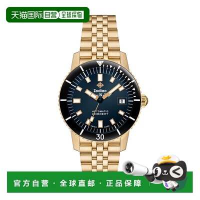 自营Zodiac男士压缩潜水自动手表，18K镀金不锈钢手表-金色 美国