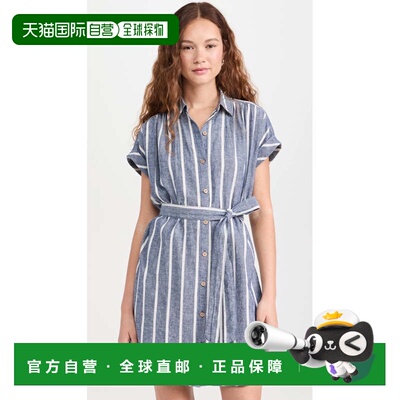 自营Faherty Breeze Shirt Dress Blue Stripe Short Sleeve Tie