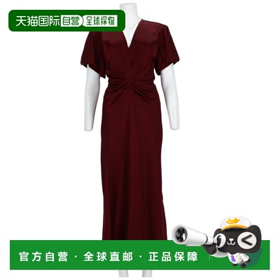 自营victoria beckham酒红色中长款连衣裙，腰部垂褶，v领-黑色