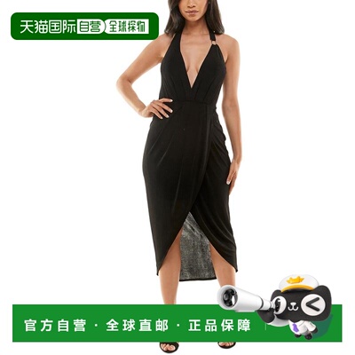 自营bebe Womens High Low Tea Length Halter V-Neck Dress, Bla