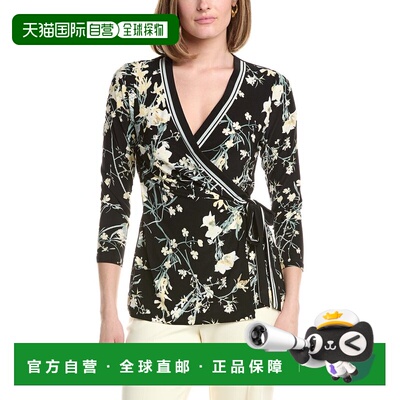 自营Anne Klein 3/4-Sleeve Front Banded Wrap Top - black 美国