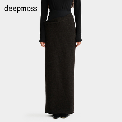 【deepmoss】2025秋冬新款女士设计感时尚斜襟层次腰头裹身长半裙
