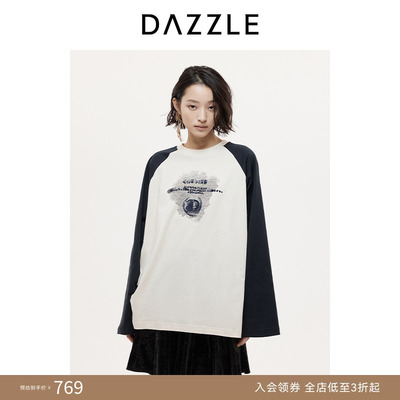 DAZZLE 地素奥莱长袖T恤25年秋浅卡其色全棉纯棉长袖T恤