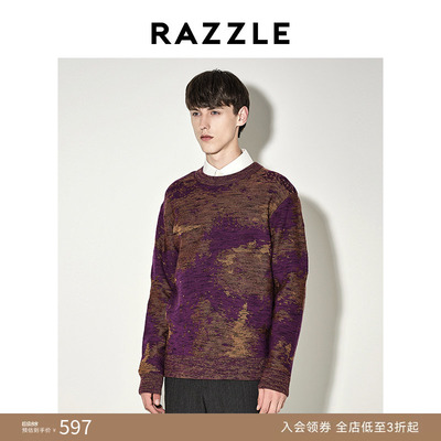 RAZZLE 地素奥莱男装长袖毛衣冬季深紫色提花圆领毛衫