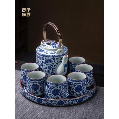 青花瓷功夫茶具套装家用景德镇陶瓷茶壶老陶泥大号提梁壶茶杯整套