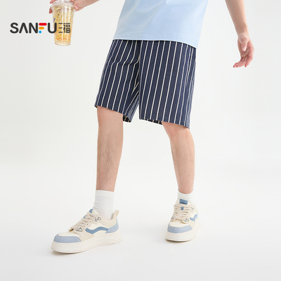 三福2026夏季男士满版条纹中裤 休闲宽松橡筋腰头裤子504050