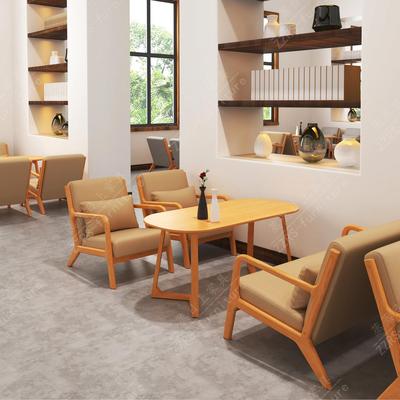 原木风实木咖啡厅奶茶店清吧桌椅组合卡座接待区洽谈休闲沙发商用