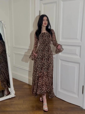 欧美风A字裙涤纶豹纹连衣裙女